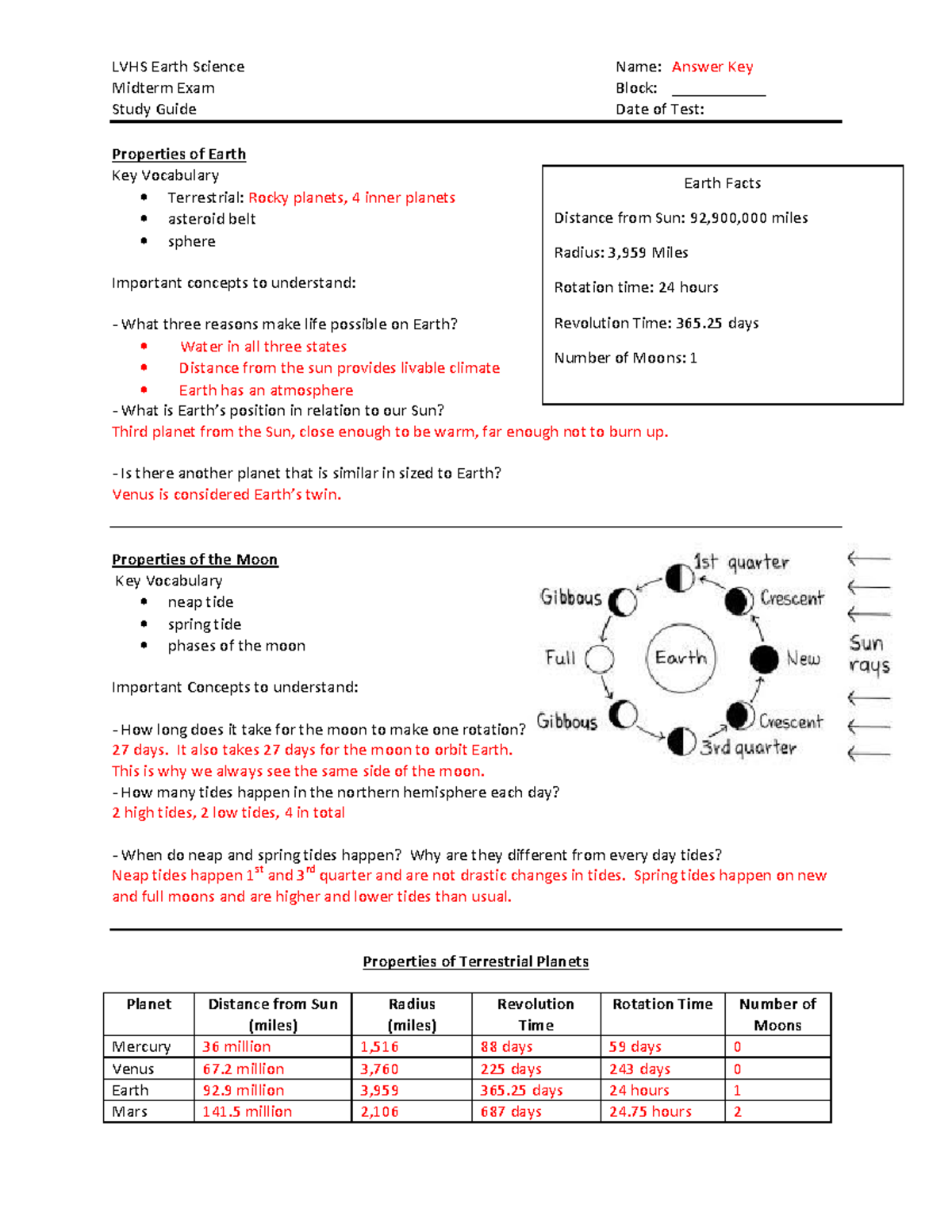 Midterm Study Guide Answer KEY - LVHS Earth Science Name: Answer Key ...