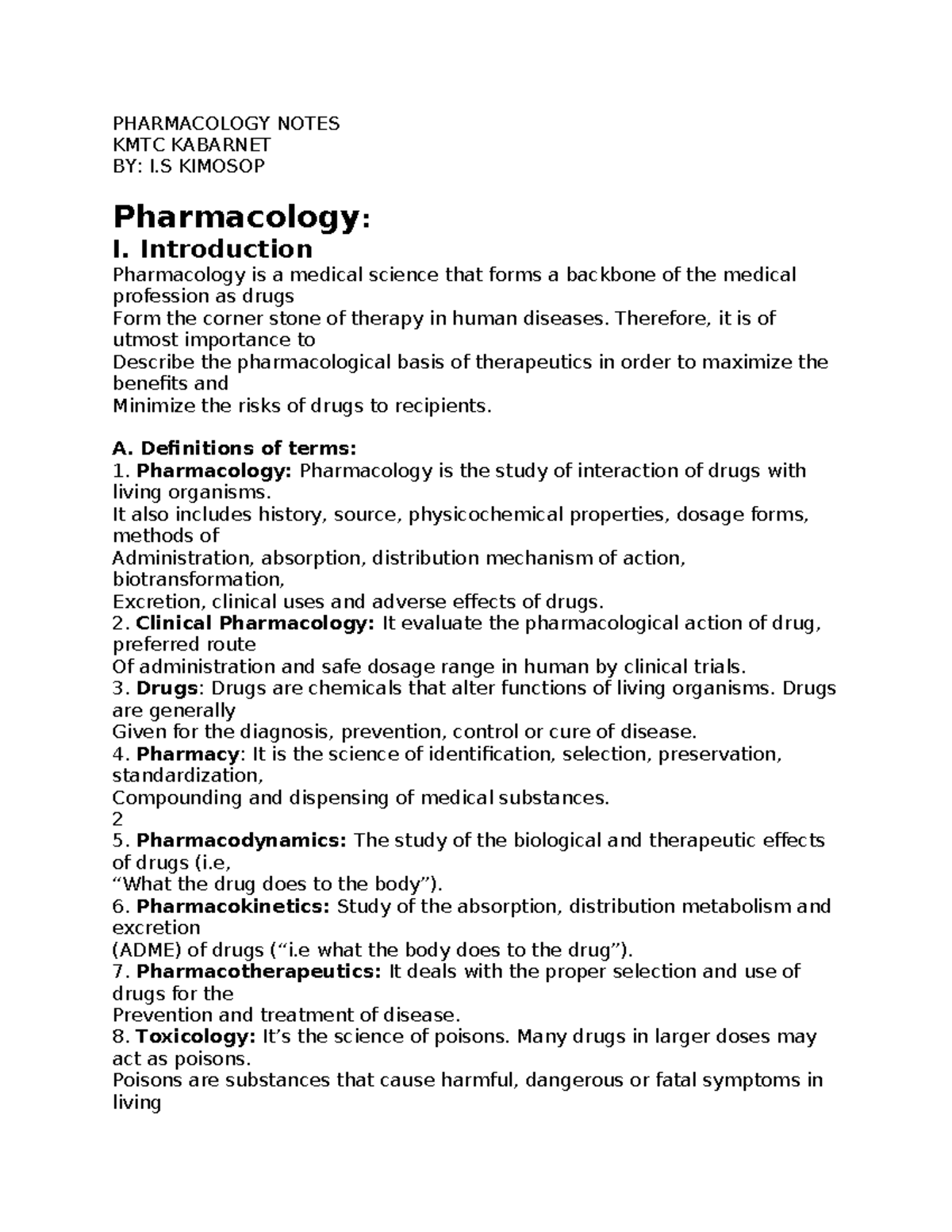 Pharmacology Notes KMTC - PHARMACOLOGY NOTES KMTC KABARNET BY: I ...