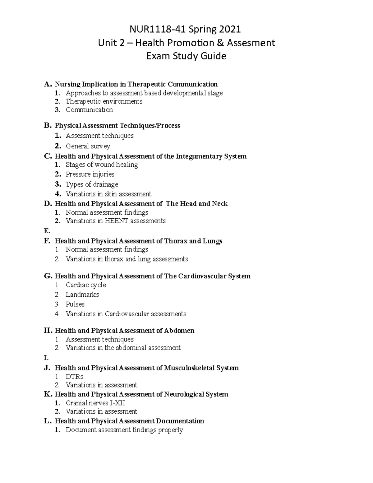 Unit 2 exam study guide - no answer - NUR1118-41 Spring 2021 Unit 2 ...