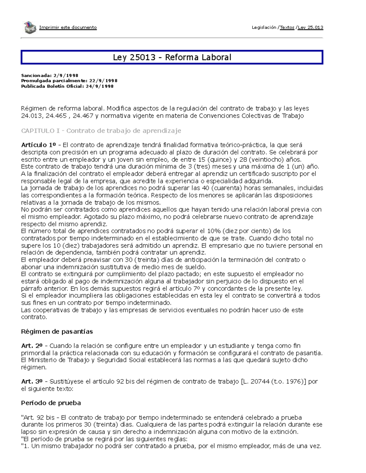 Ley 25013 - Reforma Laboral - Imprimir este documento Legislación ...