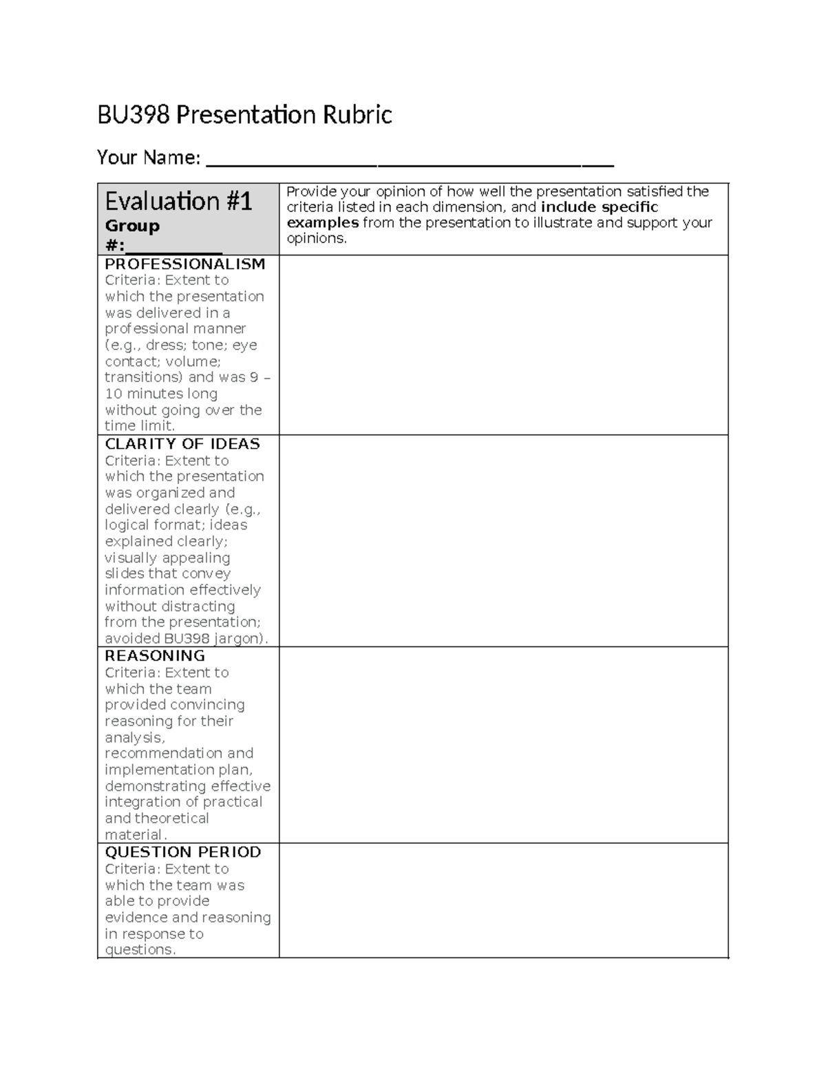6 Peer Presentation Assessment Form - BU398 Presentation Rubric Your ...
