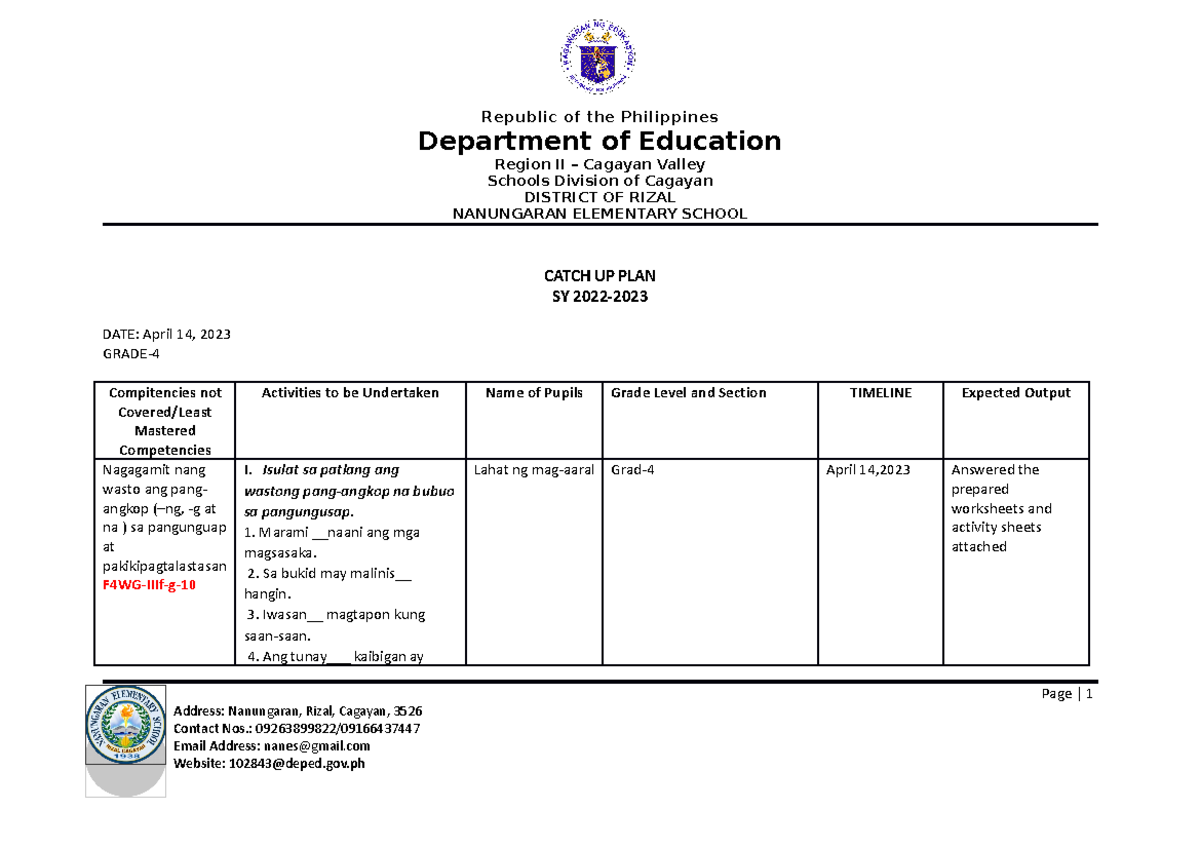 Catch-up-plan( 04- 14-2023) - Republic of the Philippines Department of ...