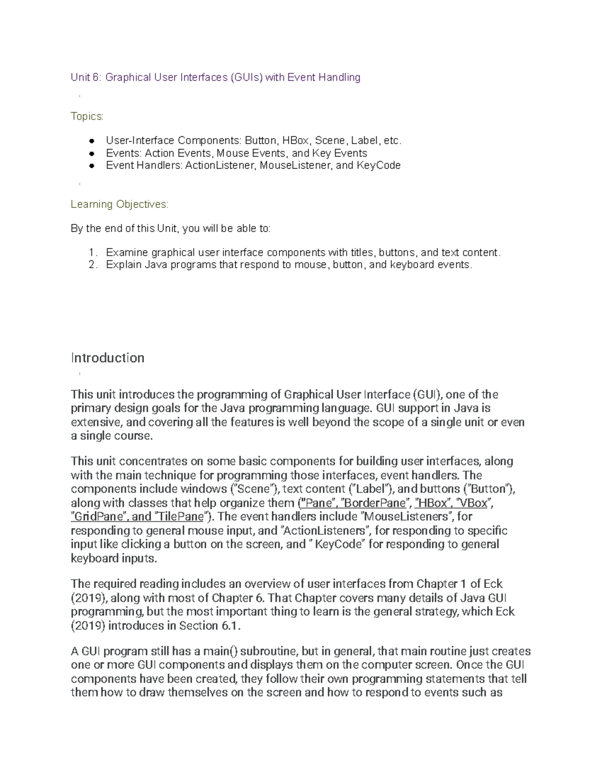 Graphical User Interfaces Guis With Event Handling Unit 6 Graphical User Interfaces Guis