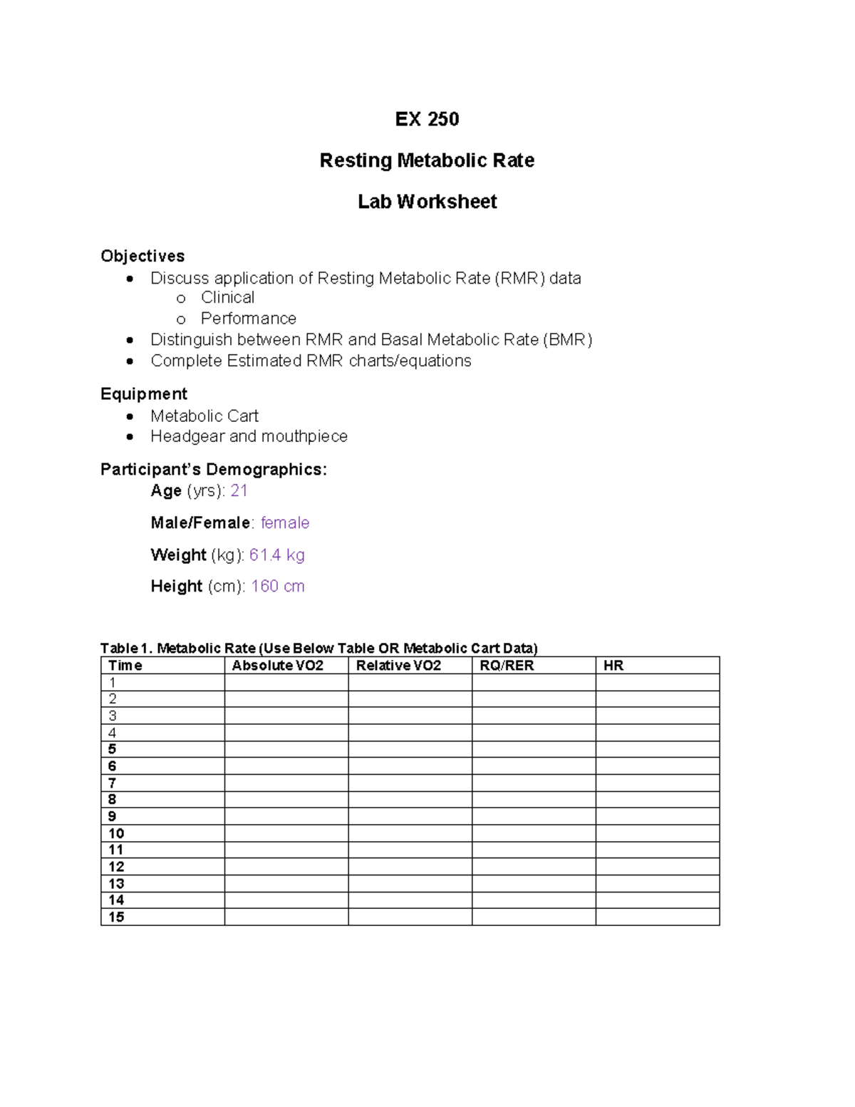 Resting Metabolic Rate Lab Worksheet - EX 250 Resting Metabolic Rate ...
