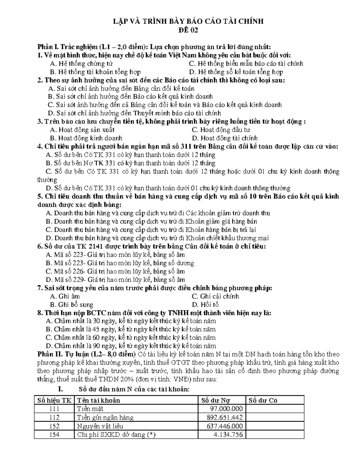 Đề 02 Lập và trình bày BCTC - LẬP VÀ TRÌNH BÀY BÁO CÁO TÀI CHÍNH ĐỀ 02 ...