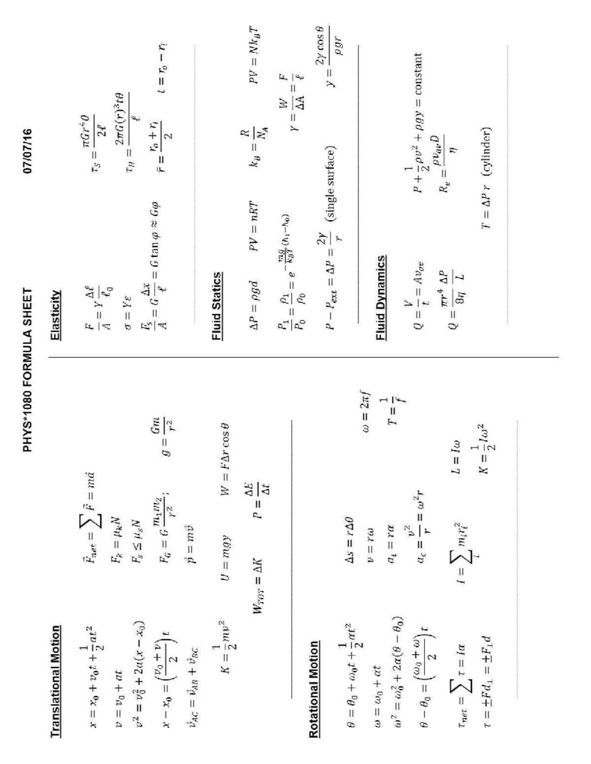 Phys1080 formula sheet - FORMULA SHEET Translational Motion Elasticity ...