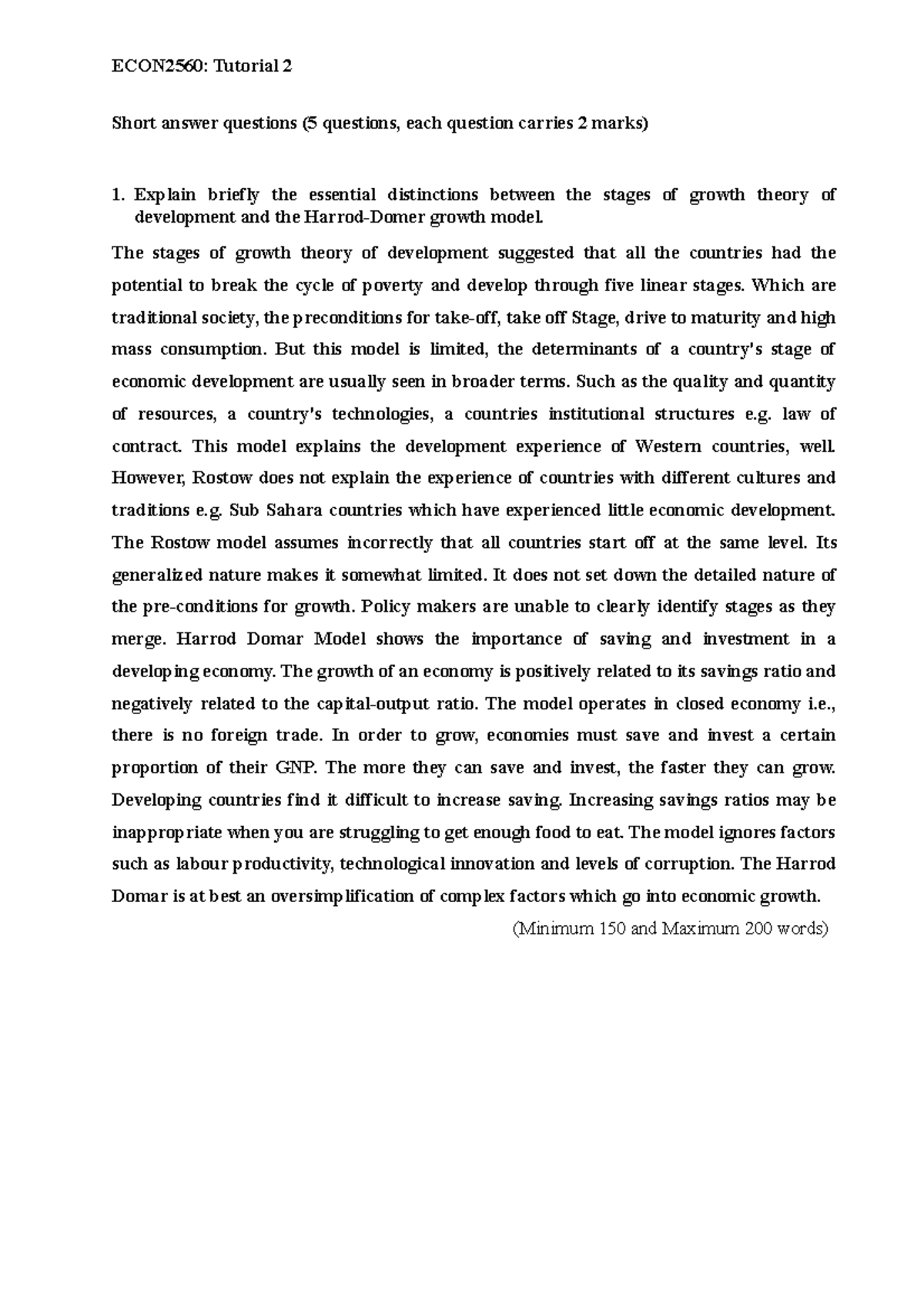 ECON2560-2022-Tutorial Two - Short answer questions (5 questions, each ...