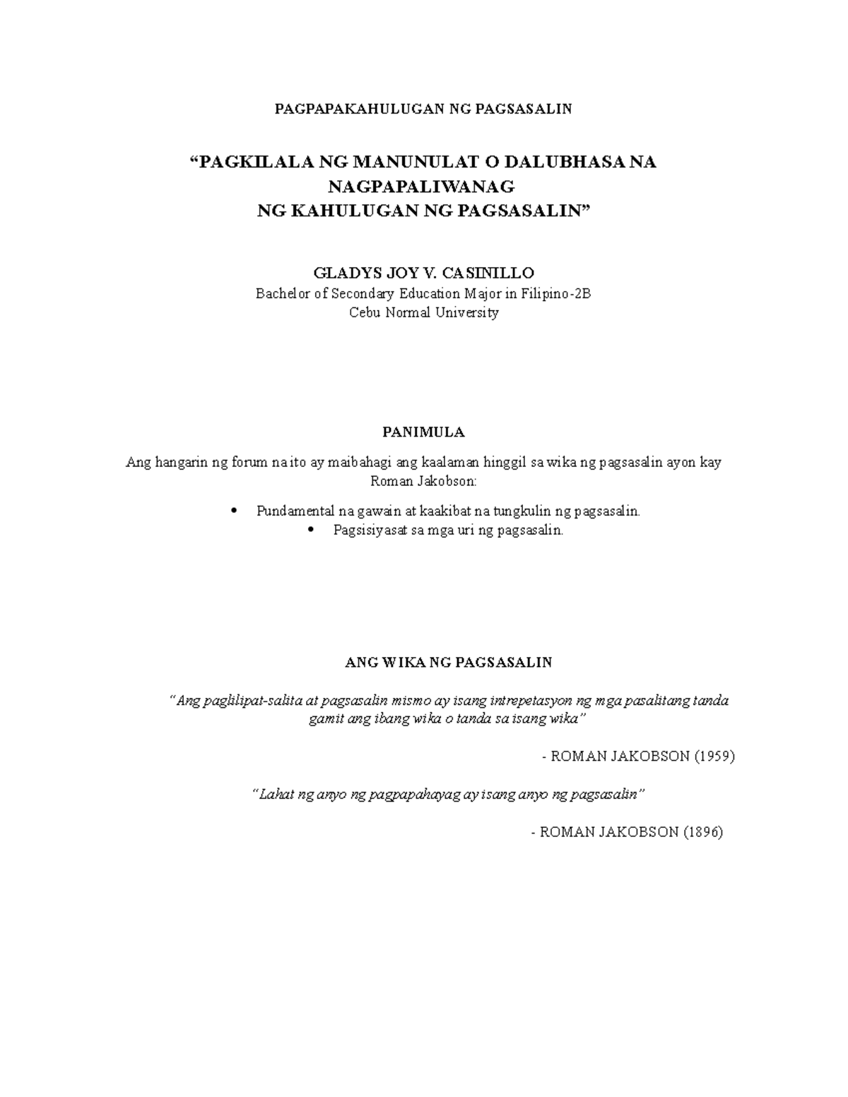 Pagpapakahulugan NG Pagsasalin FM 108 - PAGPAPAKAHULUGAN NG PAGSASALIN ...
