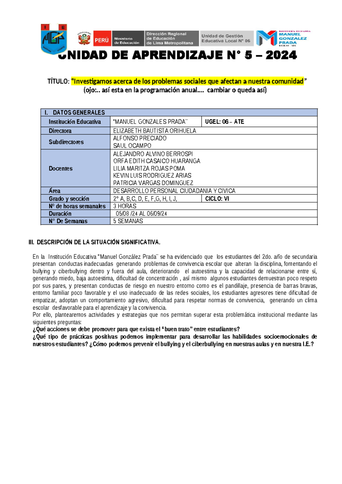 Unidad N° 5 DPCC 2DO ultimo - UNIDAD DE APRENDIZAJE N° 5 – 2024 TÍTULO: “Investigamos acerca de ...