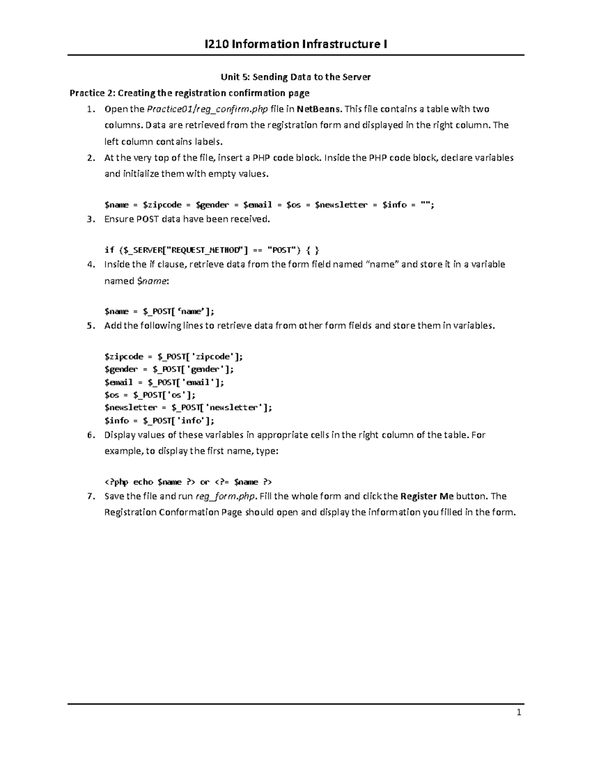 Practice 2-4 - I210 Information Infrastructure I 1 Unit 5: Sending Data ...