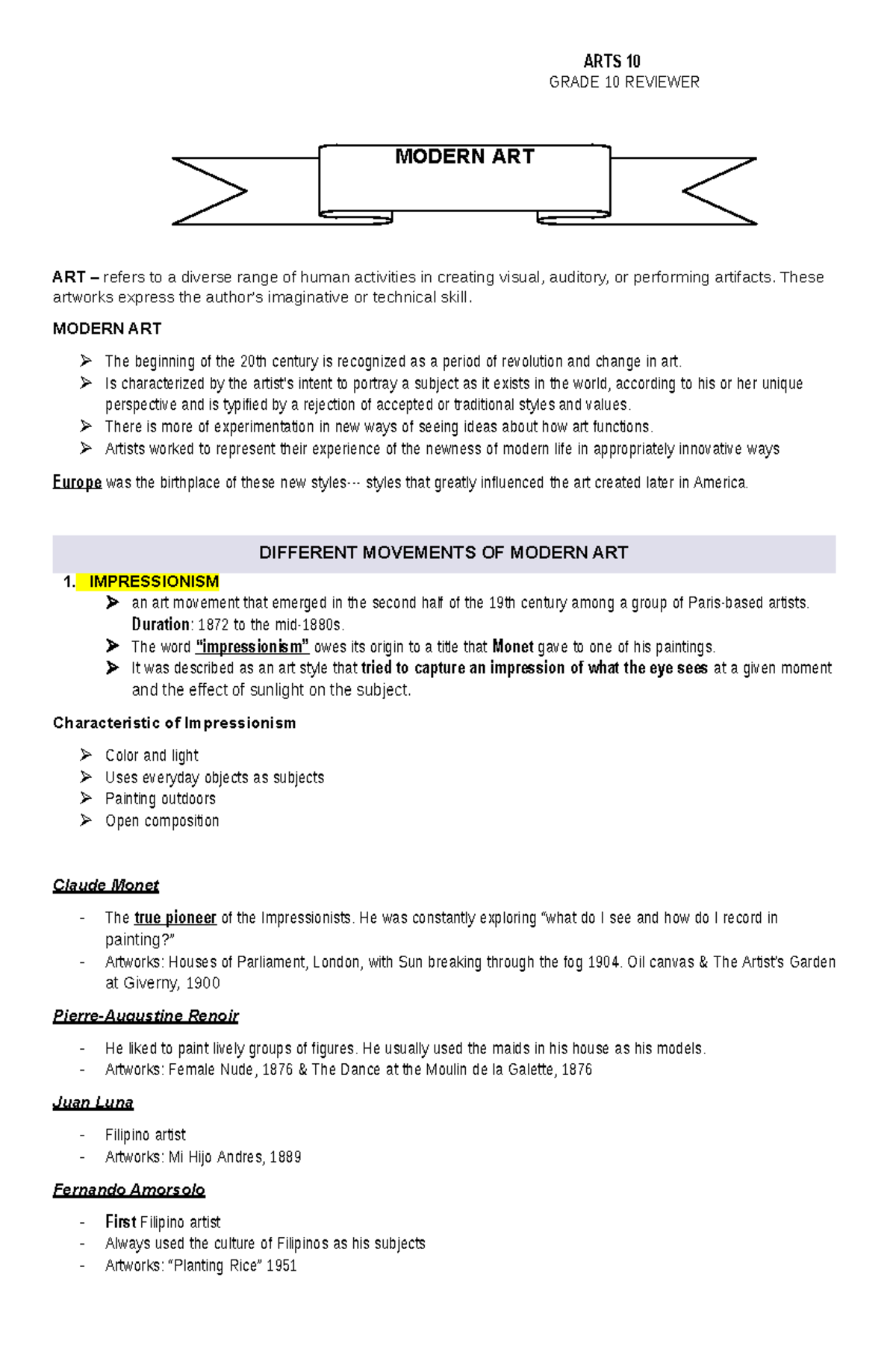 ARTS 10 GRADE 10 REVIEWER MODERN ART ART – refers to a d