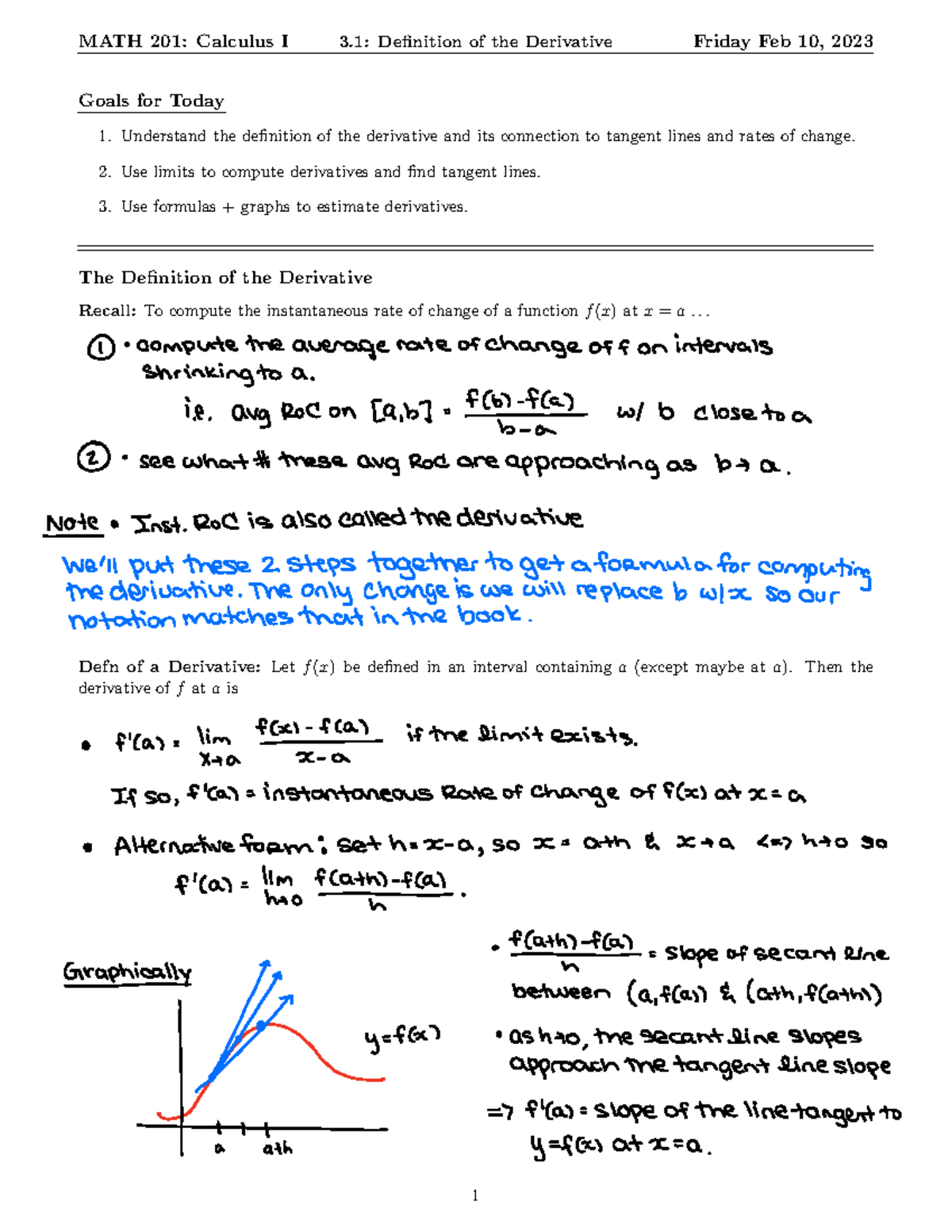 Derivatives definition - Goals for Today Understand the definition of the derivative and its ...