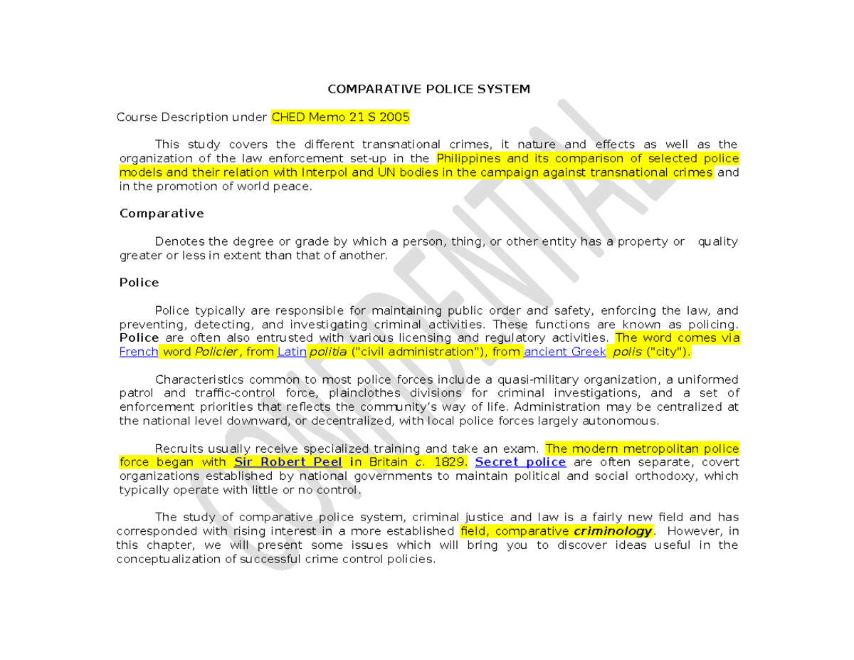 Comparative Police System summary - COMPARATIVE POLICE SYSTEM Course ...
