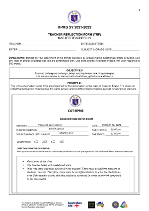 Appendix 4B Teacher Reflection Form for MT I IV for RPMS SY 2021 2022 ...