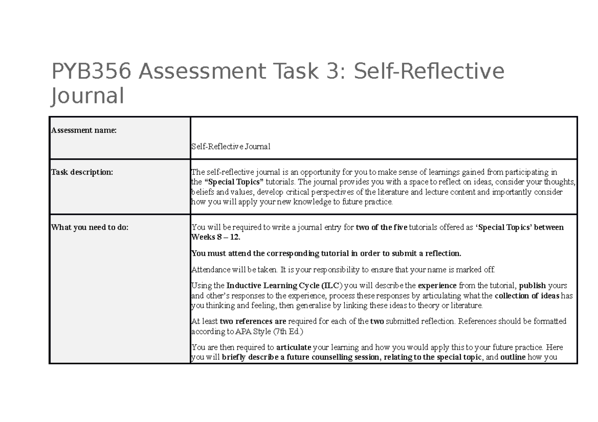 PYB356 Assessment 3 Task Sheet - PYB356 Assessment Task 3: Self ...