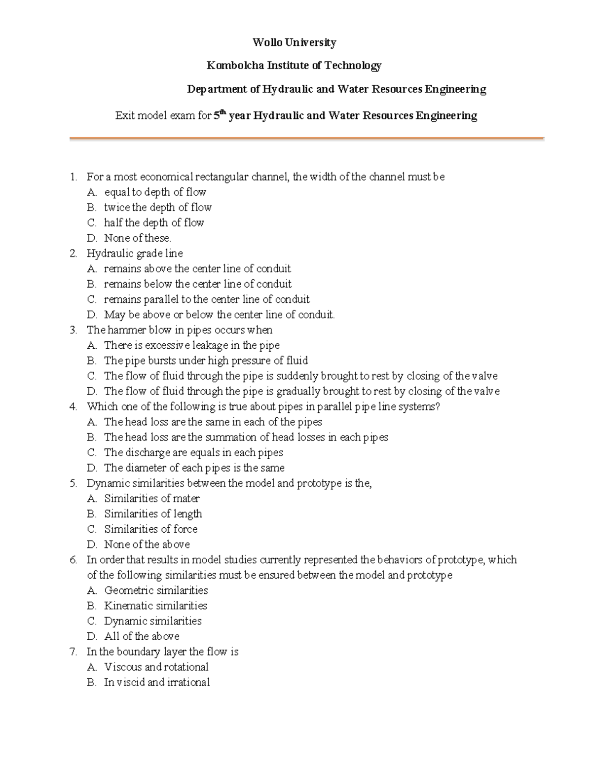 EXIT EXAM - Kombolcha Institute of Technology Department of Hydraulic ...