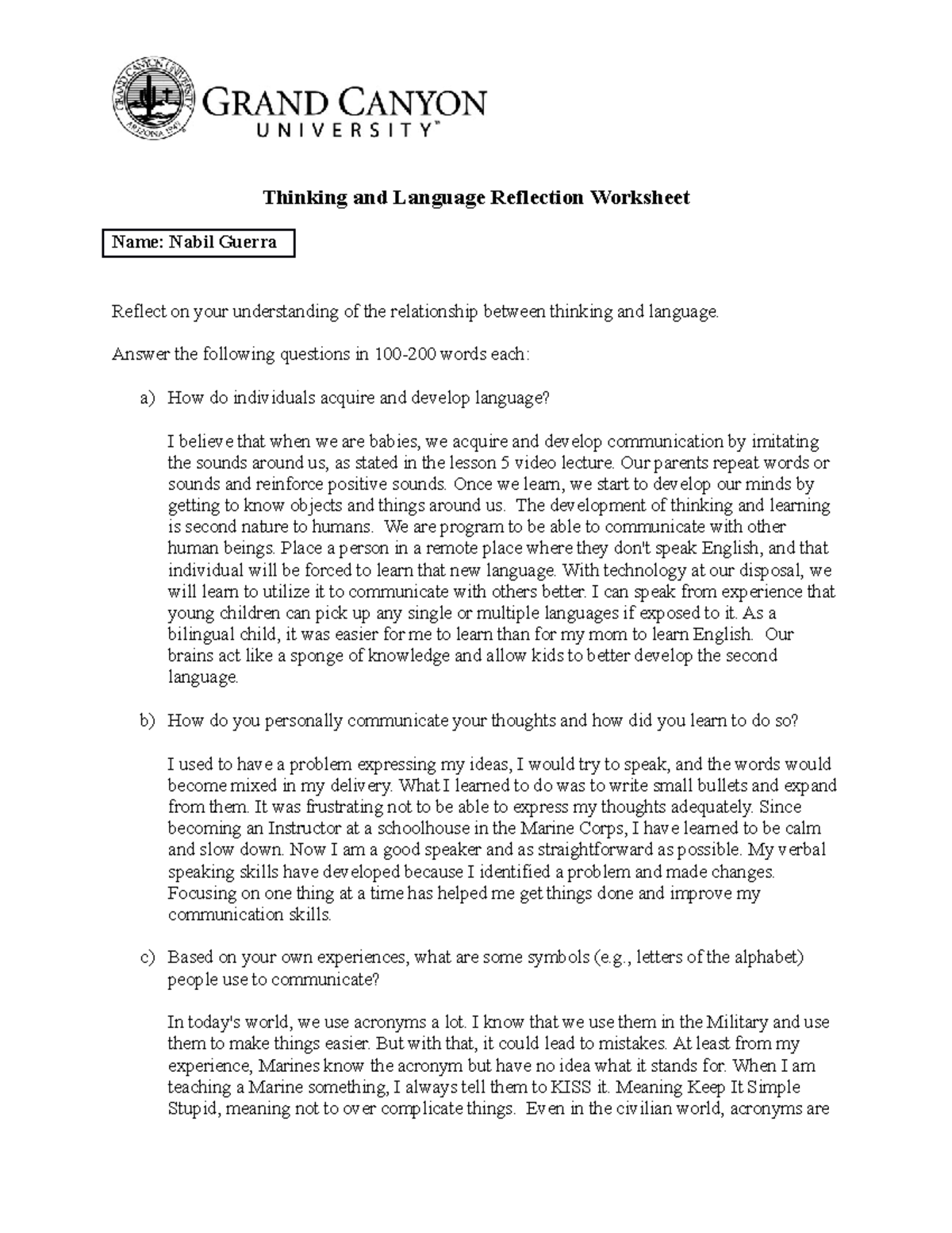 PHI105 Thinking and Language Reflection - Thinking and Language ...