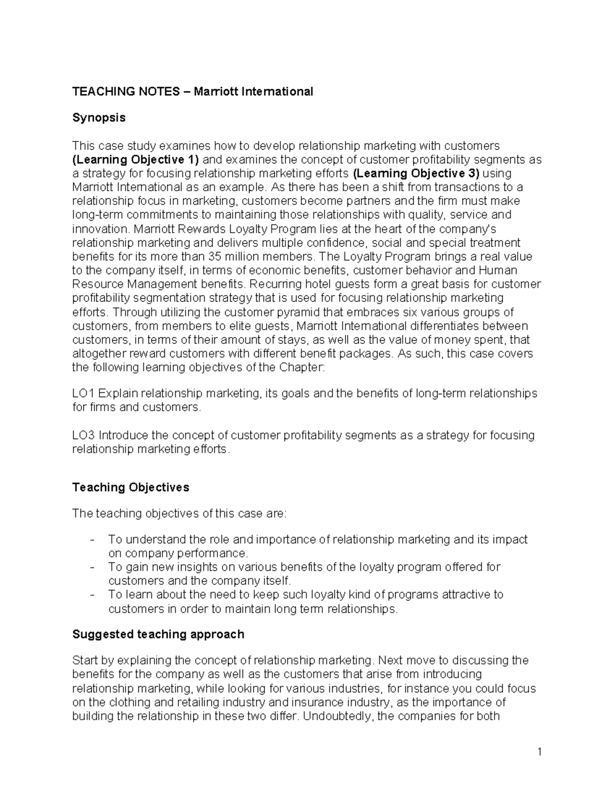 Marriott International Teaching Notes - TEACHING NOTES – Marriott ...