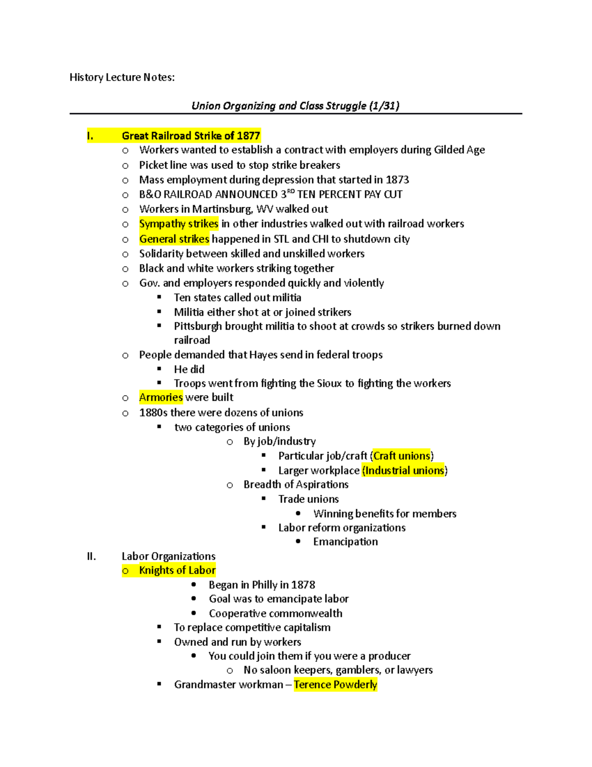 History Lecture Notes - History Lecture Notes: Union Organizing and ...