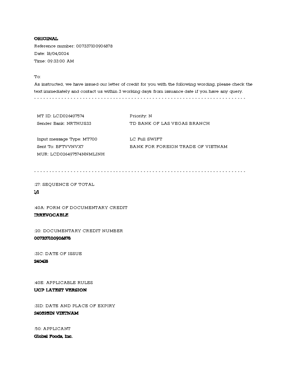 Mẫu điện MT700 thanh toán L/C - ORIGINAL Reference number ...