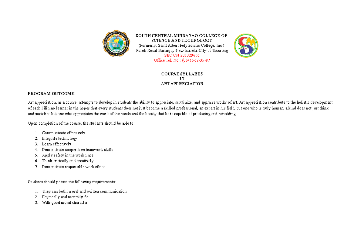 Art ap. syllabus - SOUTH CENTRAL MINDANAO COLLEGE OF SCIENCE AND ...