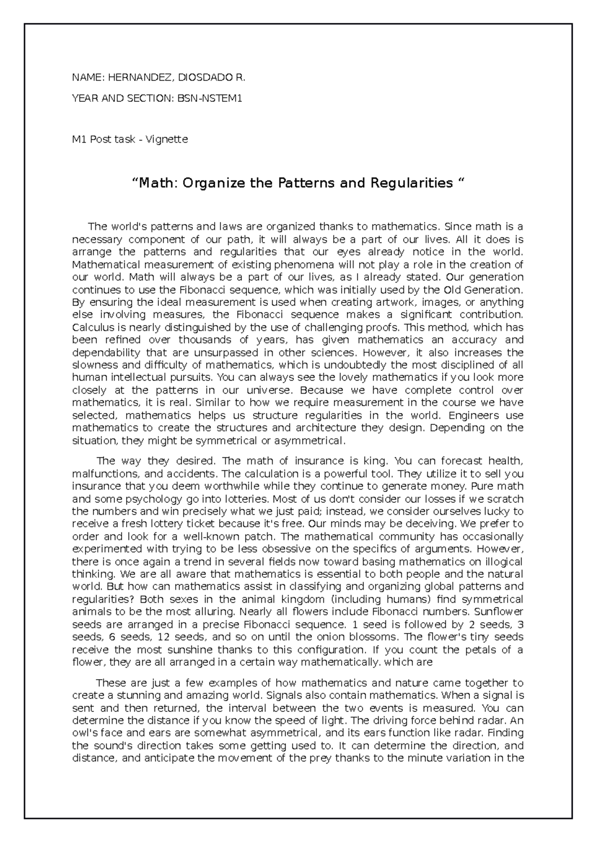 M1 Post task - Vignette - math - NAME: HERNANDEZ, DIOSDADO R. YEAR AND ...