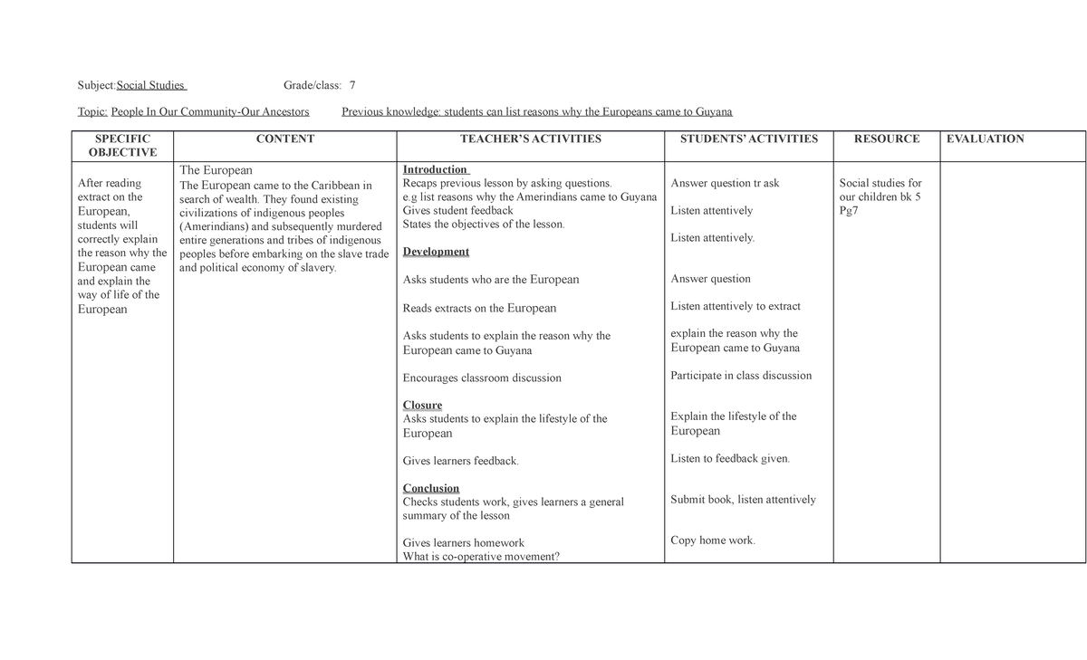 Ss notes grade 7 and 8 - Subject:Social Studies Grade/class: 7 Topic ...