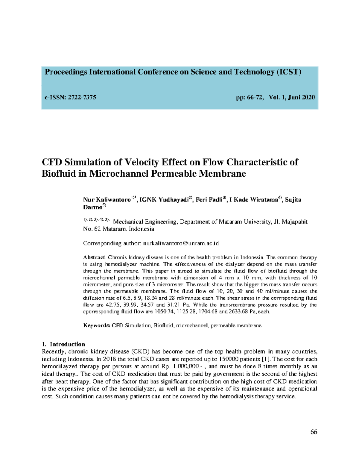 CFD Simulation of Velocity Effect on Flow Characteristic of Biofluid in ...
