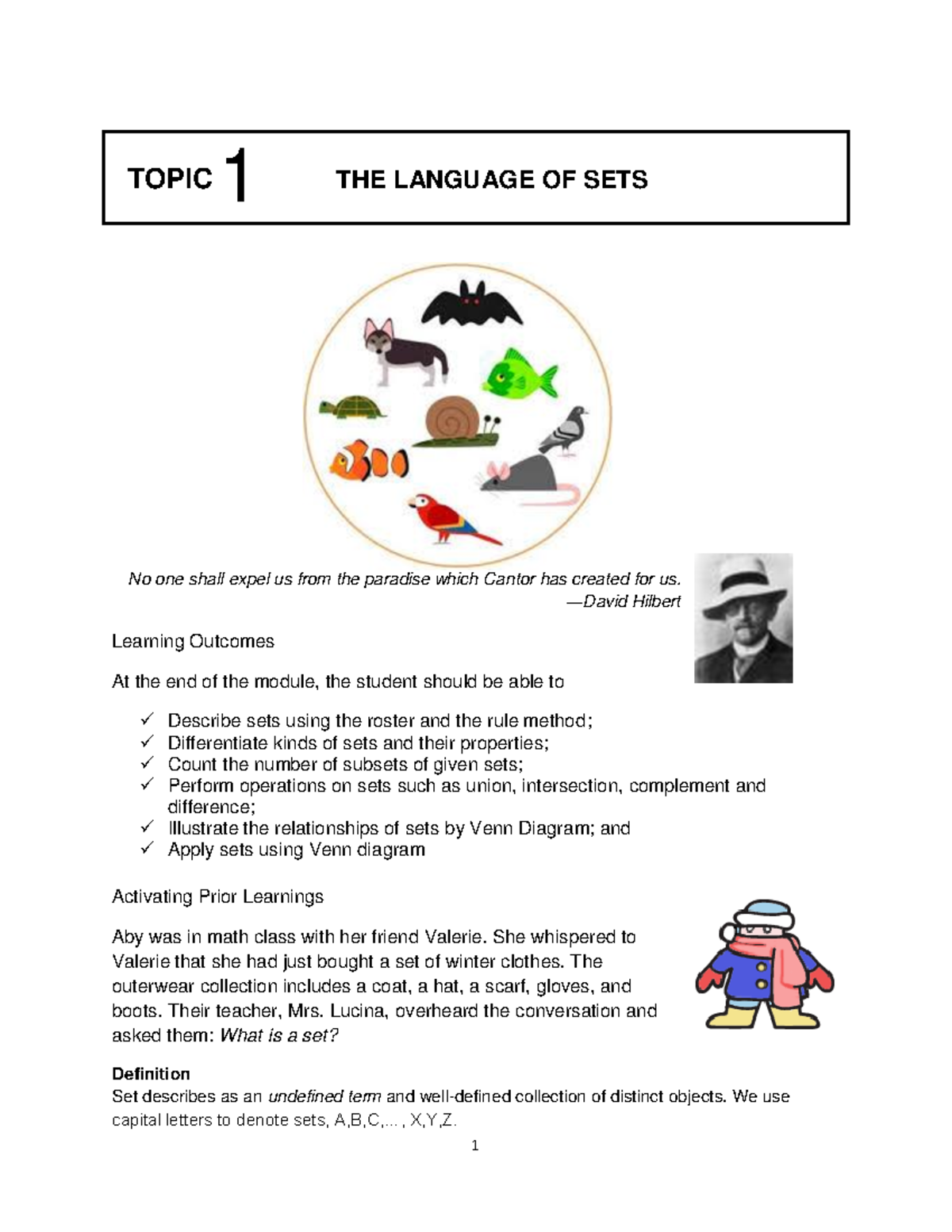 The LAnguage of Sets - Math Enhance - TOPIC THE LANGUAGE OF SETS No one ...