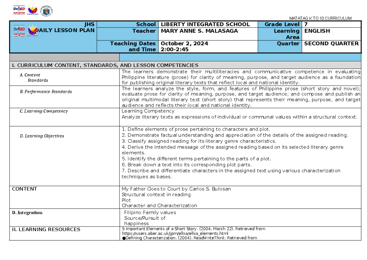 Q2-W1-D1-DLP- Mapeh 07 - JHS DAILY LESSON PLAN School LIBERTY INTEGRATED SCHOOL Grade Level 7 ...