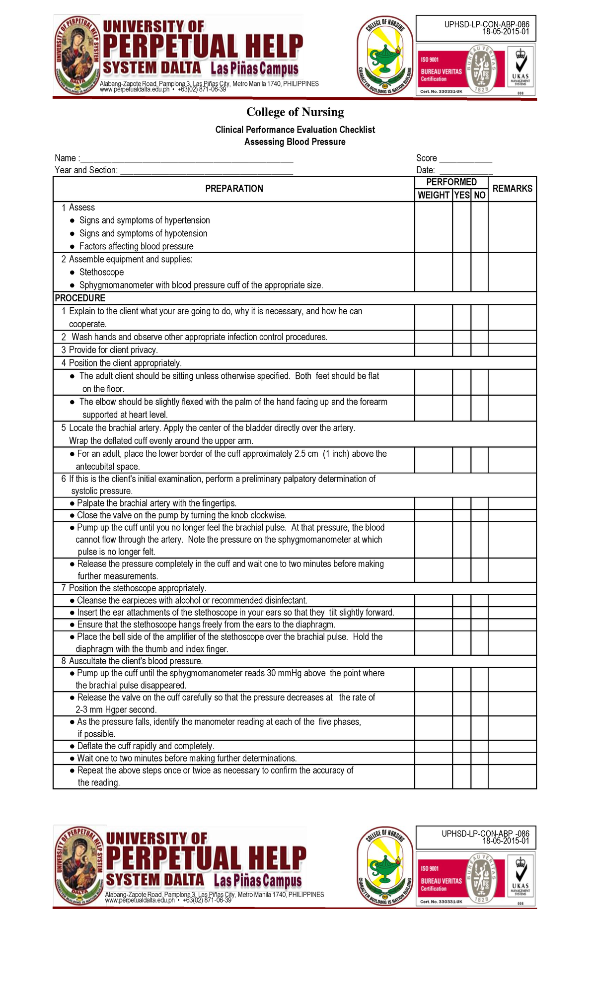 Assessing Blood Pressure Checklist - Name