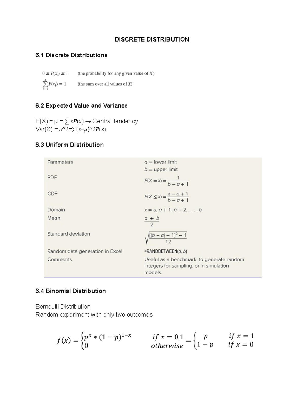 Midterm 2 Note - DISCRETE DISTRIBUTION 6 Discrete Distributions 6 Expected Value and Variance E ...