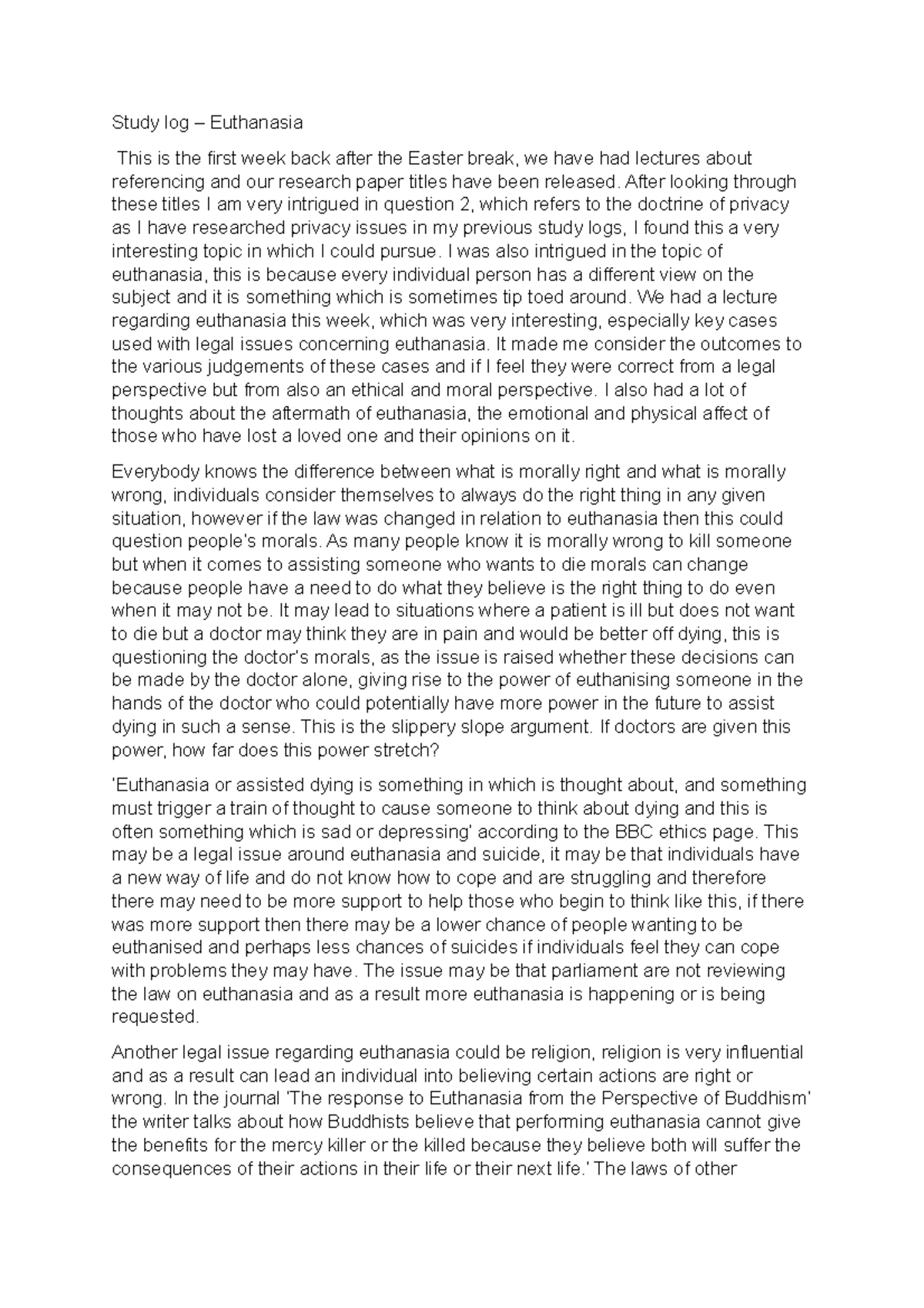 Euthanasia Study log 5 complete - Study log – Euthanasia This is the ...