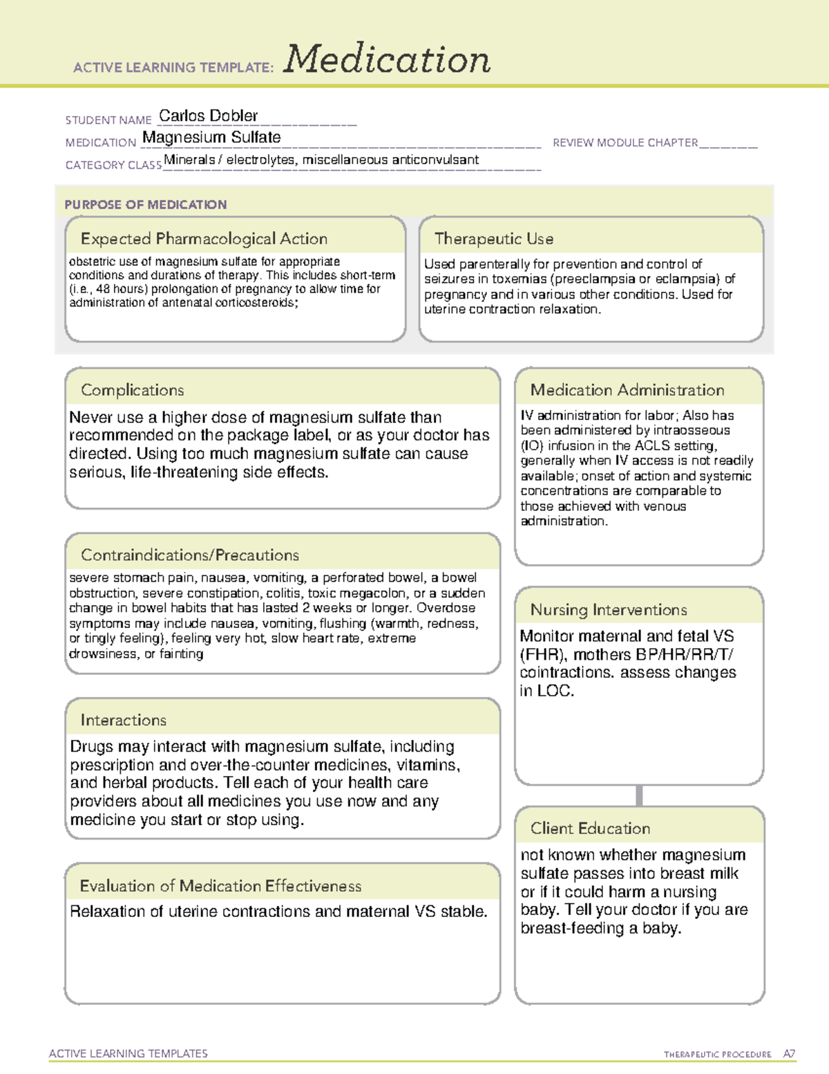 Magnesium SULF OB Remed MED CARD - ACTIVE LEARNING TEMPLATES ...