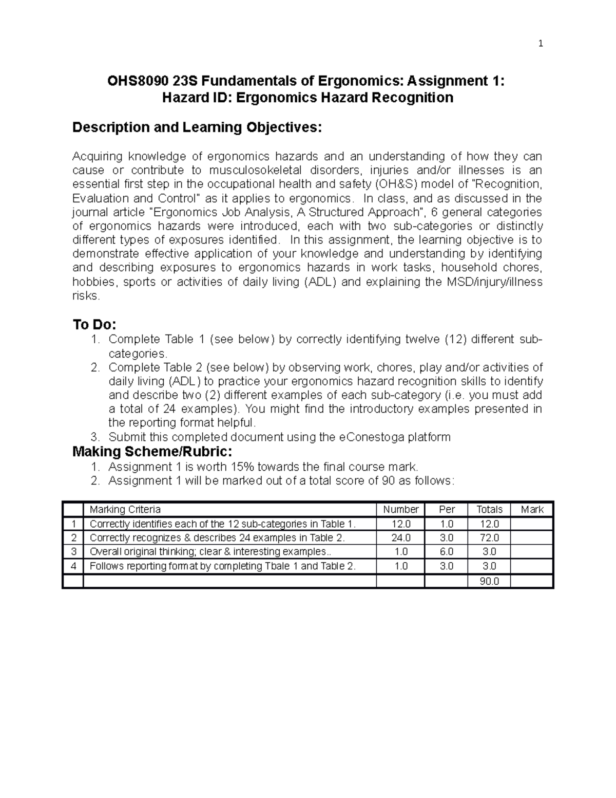 OHS8090S23Assignment 1 - OHS8090 23S Fundamentals of Ergonomics: Assignment 1: Hazard ID ...
