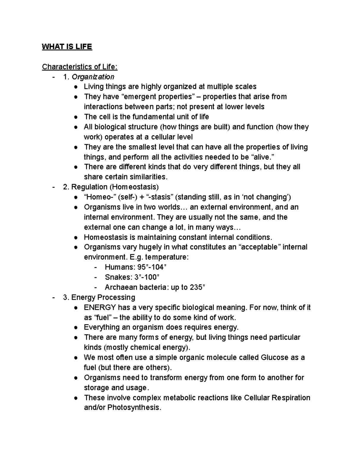 Bio 1 - What is Life notes - WHAT IS LIFE Characteristics of Life: - 1 ...