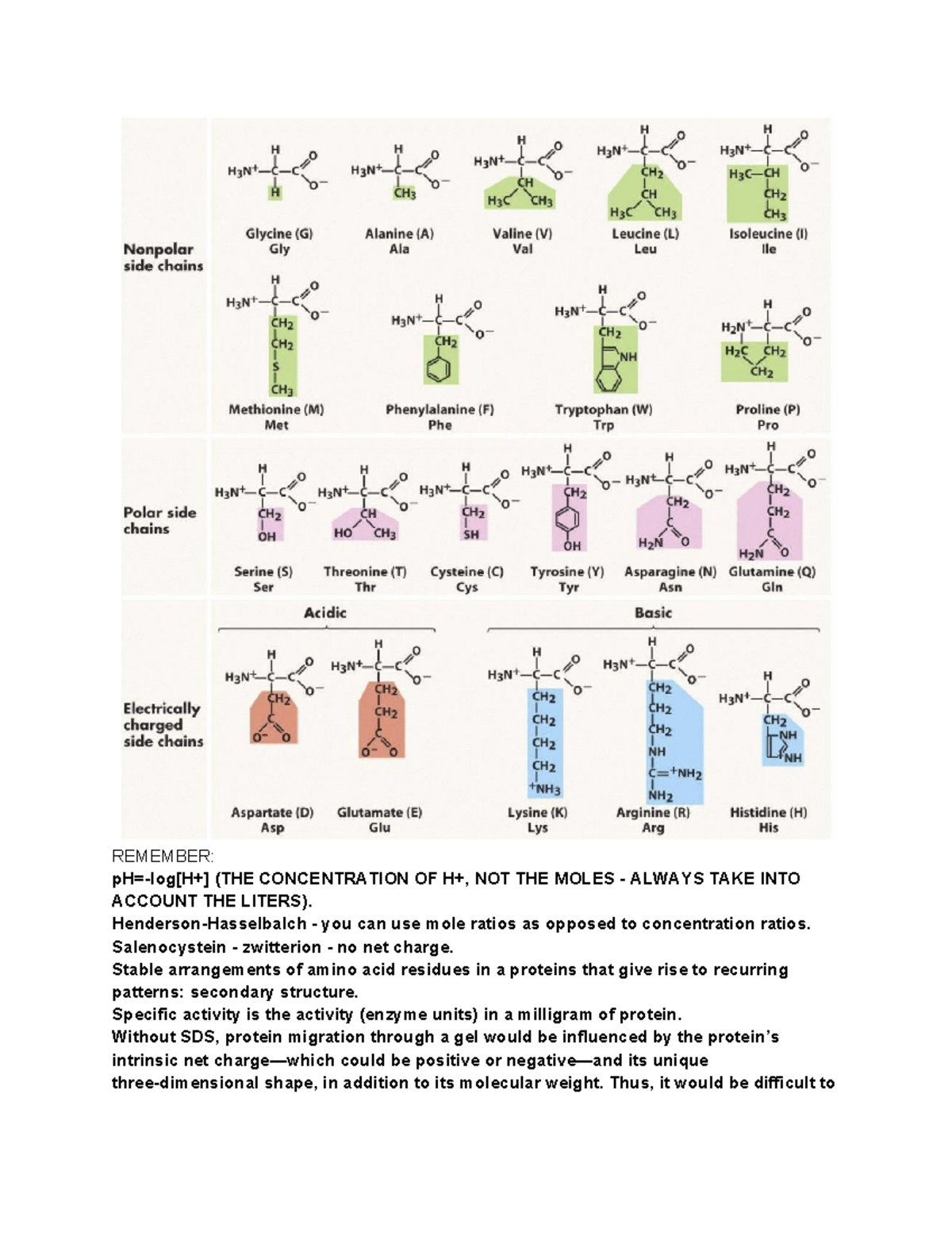 Amino Acids Final - REMEMBER: pH=-log[H+] (THE CONCENTRATION OF H+, NOT ...