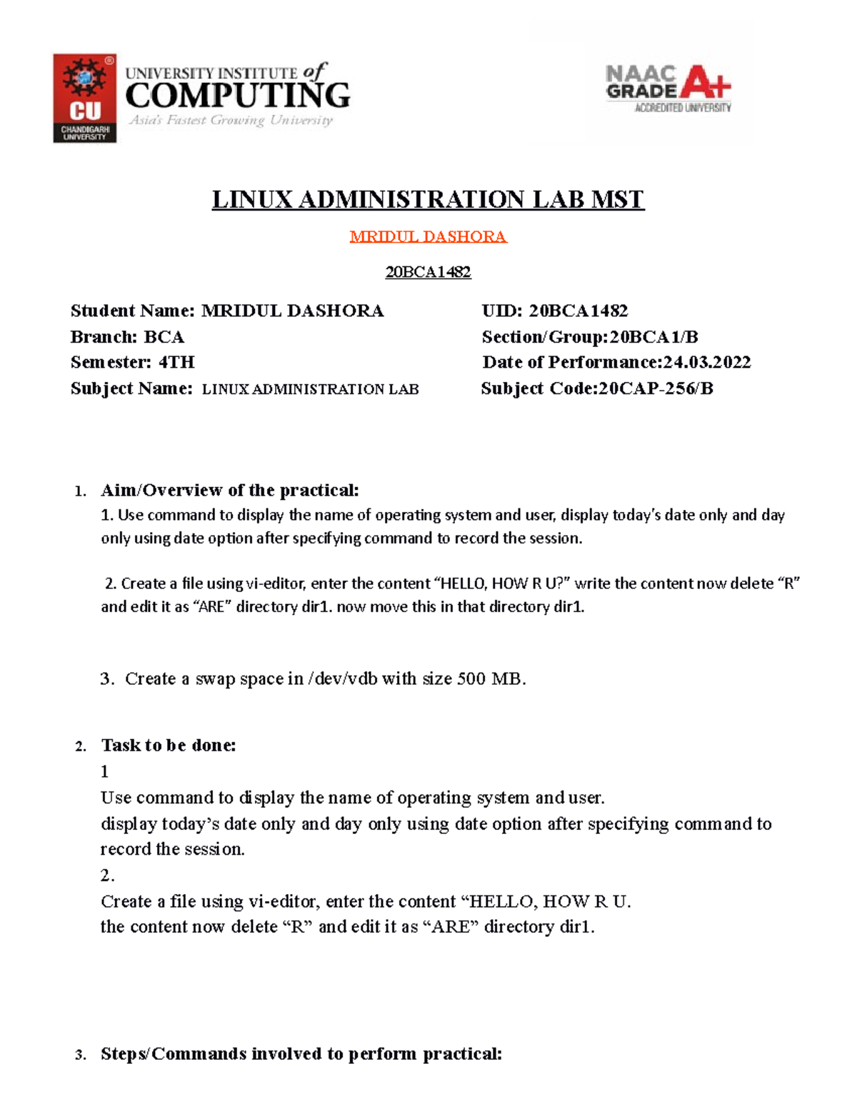 Linux Administration LAB MST - LINUX ADMINISTRATION LAB MST MRIDUL DASHORA 20BCA Student Name ...