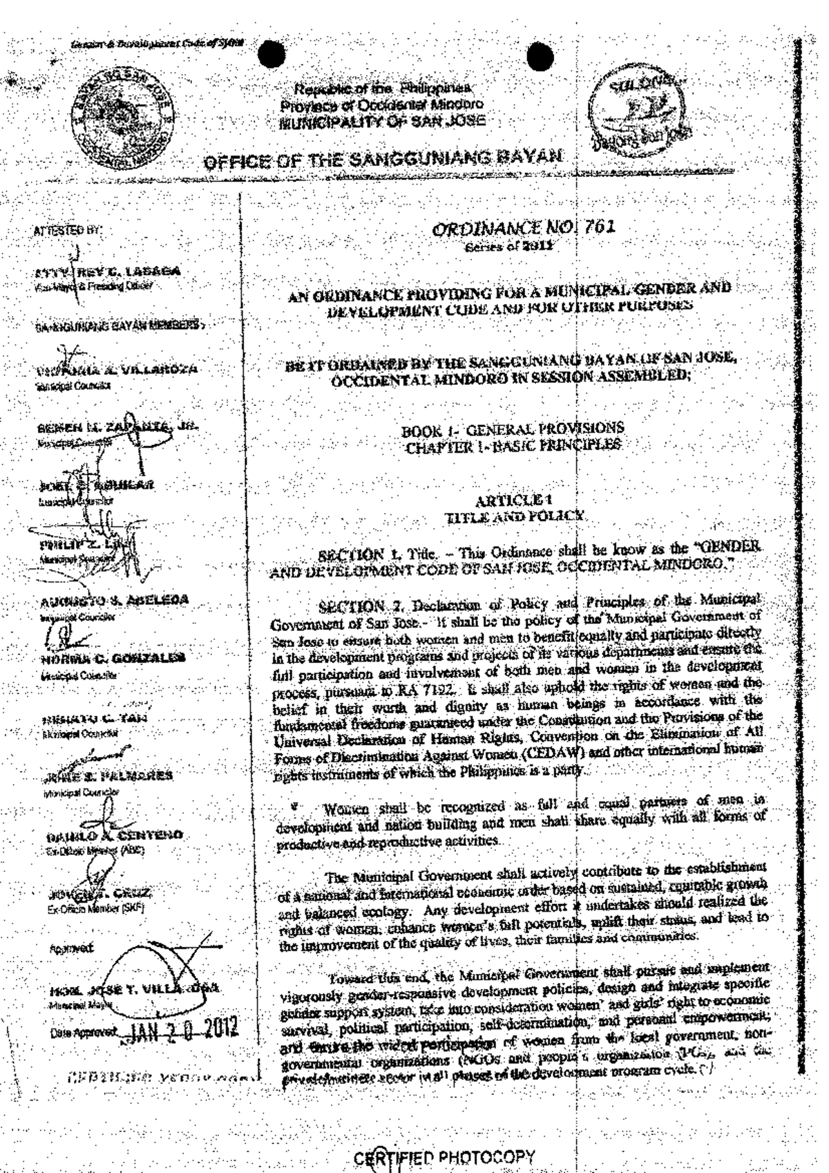 Ordinance 761 Gender and Development Code of San Jose, Occidental ...