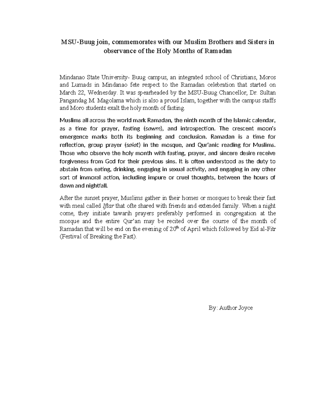 MSU, Ramadan - Article example - MSU-Buug join, commemorates with our ...