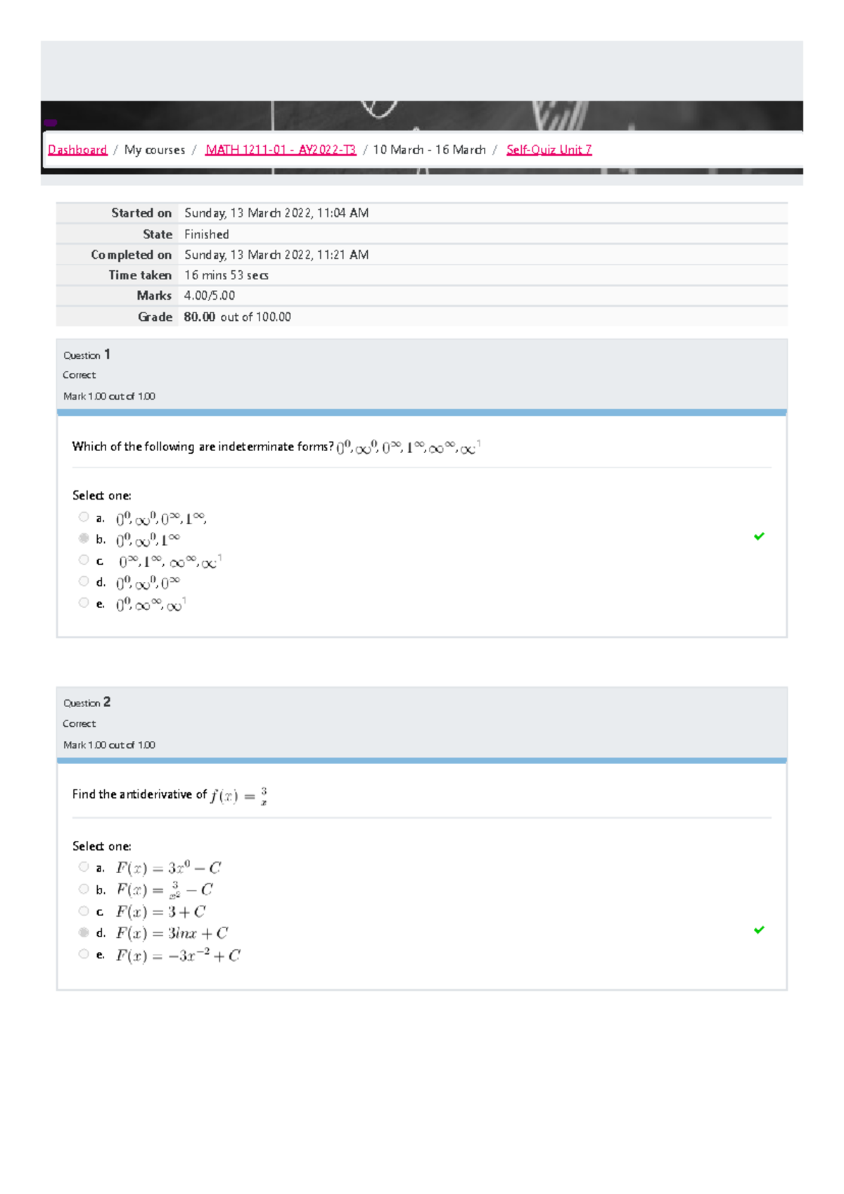 Self-Quiz Unit 7 Attempt review - Started on Sunday, 13 March 2022, 11: ...