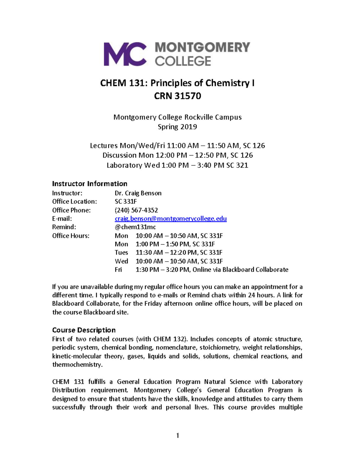 Chemistry syllabus - CHEM 13 1: Principles of Chemistry I CRN 31570 ...