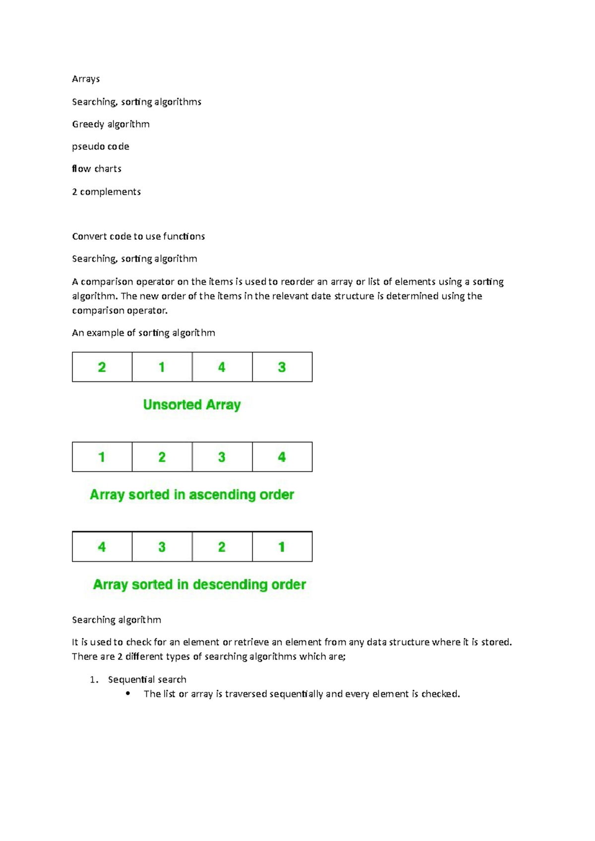 Arrays Notes Of The Necessary Arrays Searching Sorting Algorithms
