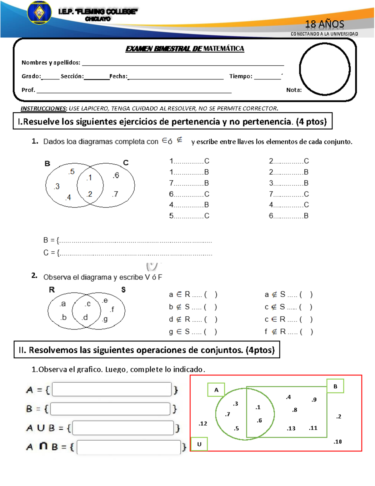 Examen DE Matemática I Bimestre 3° Primaria - 18 A—OS CONECTANDO A LA ...
