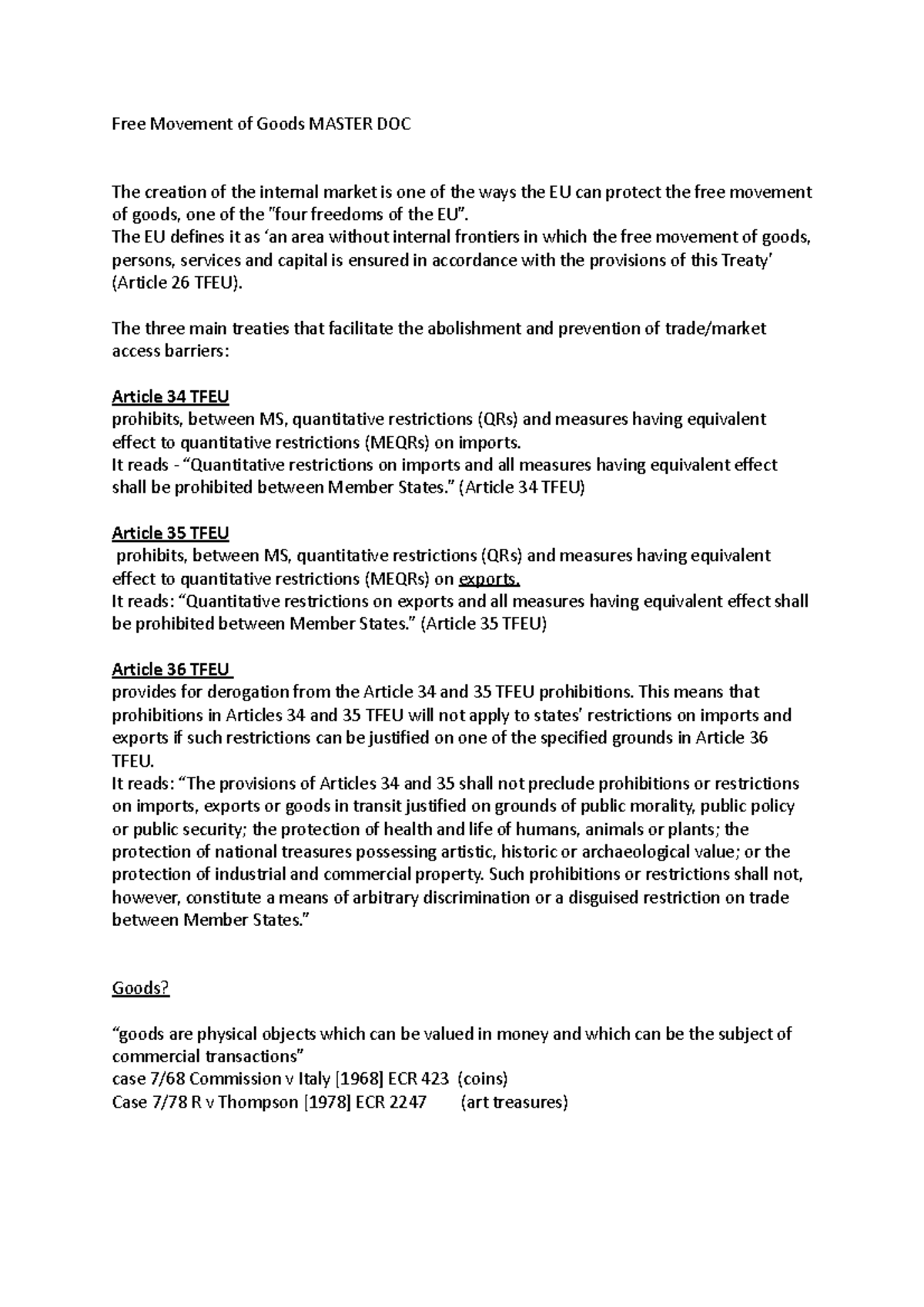 Free Movement of Goods summary DOC - Free Movement of Goods MASTER DOC ...