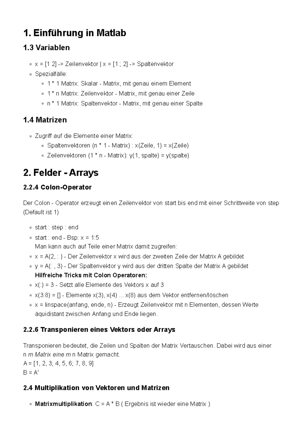 Numerik Matlab Zusammenfassung - 1. Einführung in Matlab 1 Variablen x ...