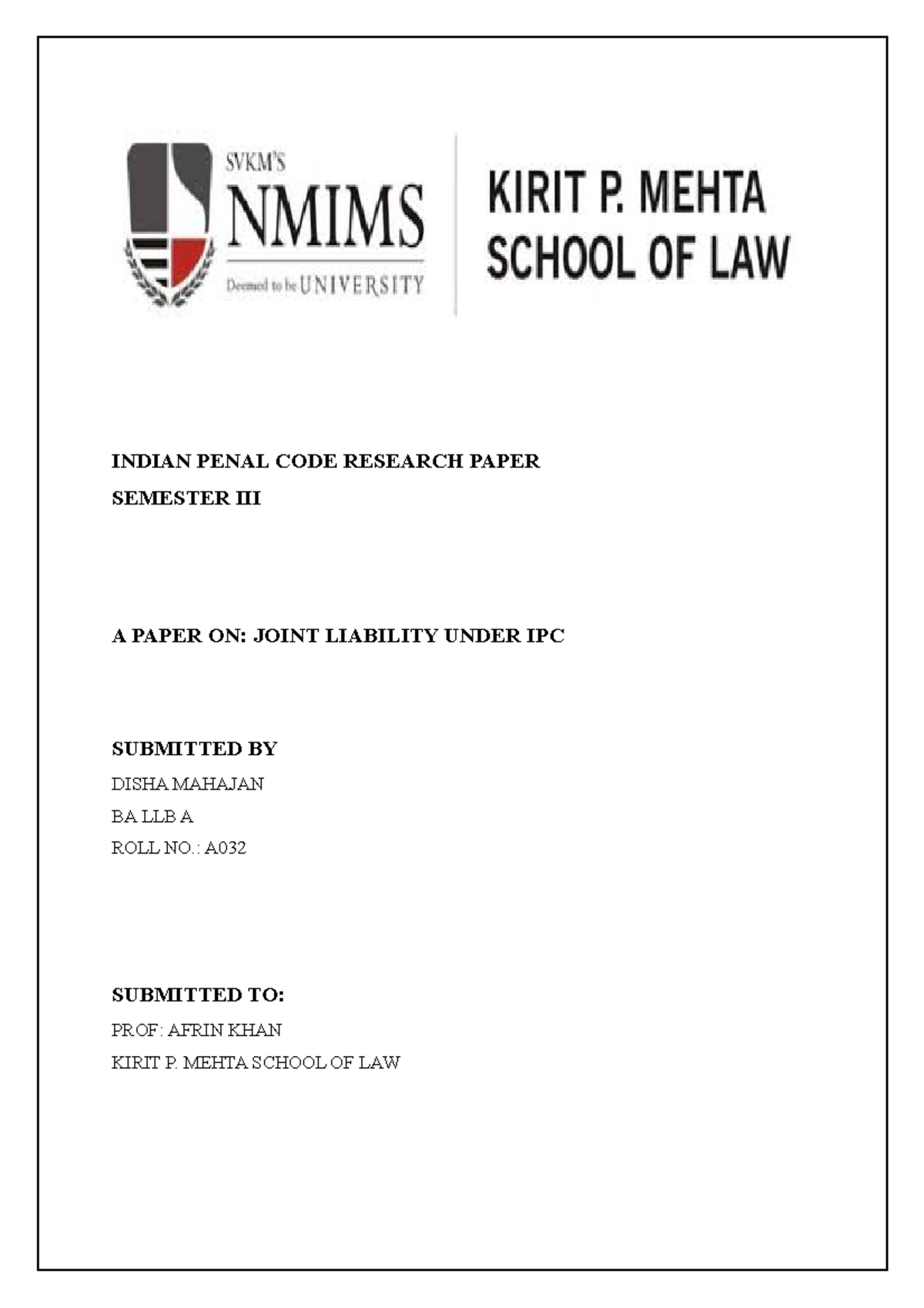 Indian Penal CODE Research Paper INDIAN PENAL CODE RESEARCH PAPER