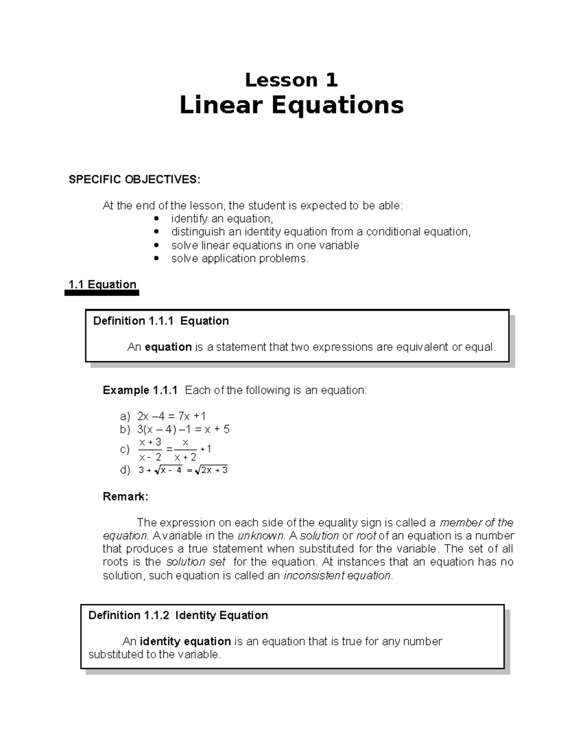 Guide-Teacher Lesson 1 equations - Lesson 1 Linear Equations SPECIFIC OBJECTIVES: At the end of ...