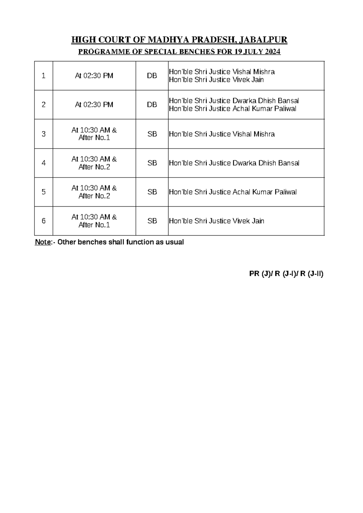 Special Bench Programme for 19-07-24 - HIGH COURT OF MADHYA PRADESH ...