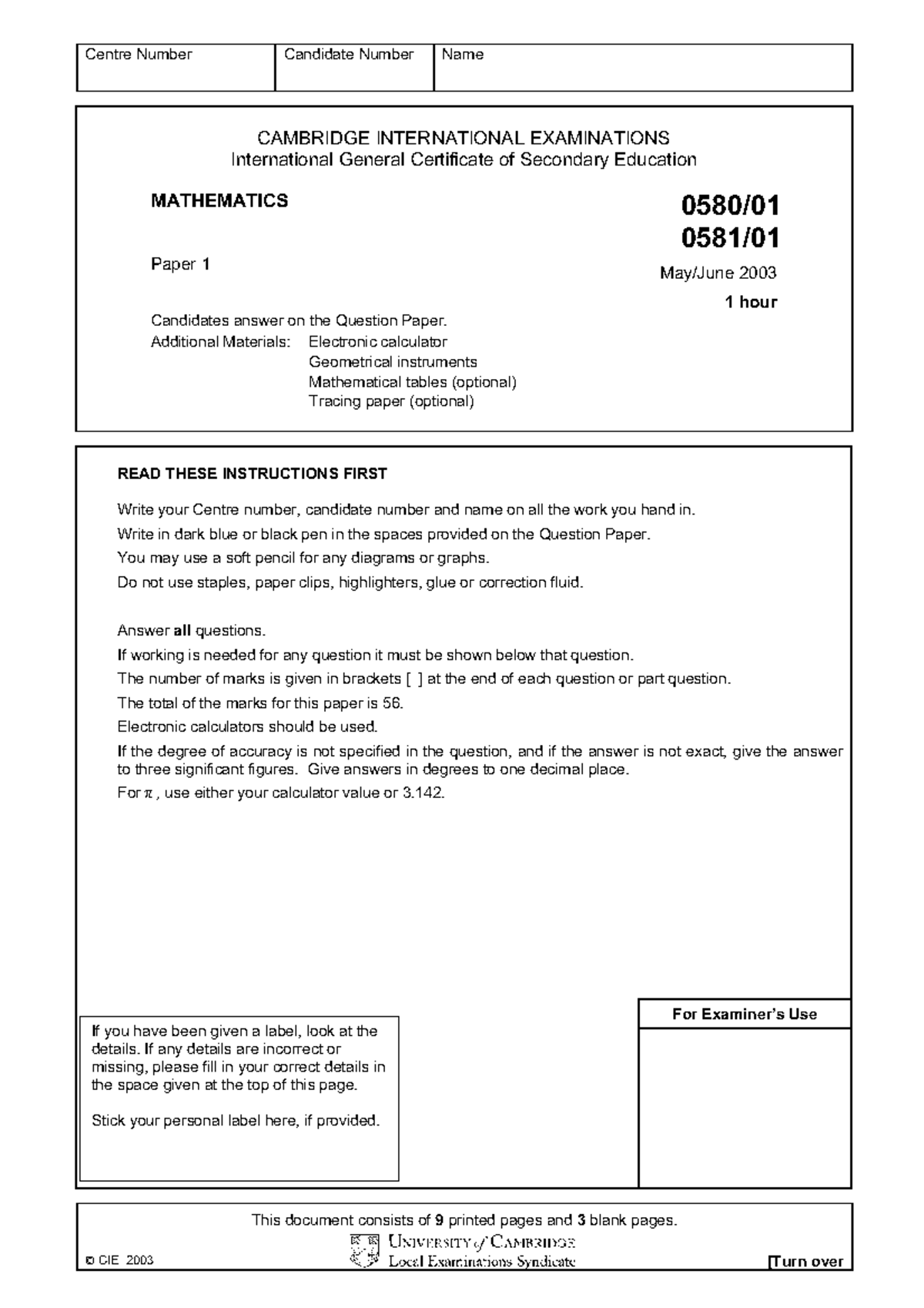 0580 s03 qp 1 - Past Paper Help - Centre Number Candidate Number Name ...